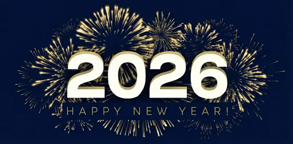 Happy New Year 2026 Greeting White And Gold Typography With Fireworks