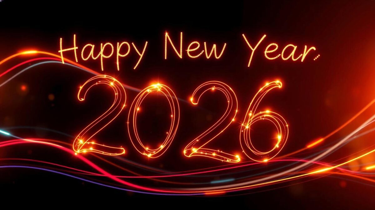 Happy New Year 2026 With Fiery Light Trails Photo - Wishes.Photos